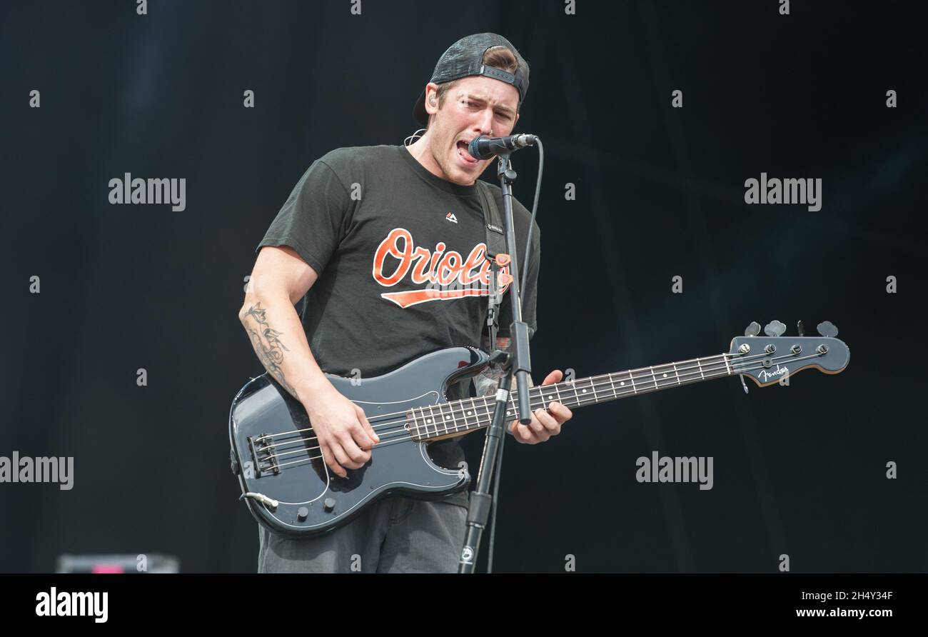 Zack Merrick of All Time Low performing live on stage on day 2 of Leeds ...