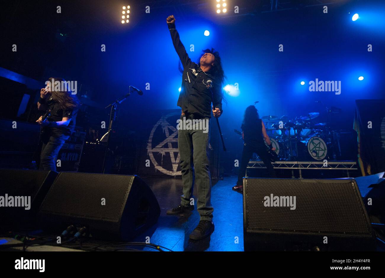 Joey Belladonna, Scott Ian and Frank Bello of Anthrax live on stage ...