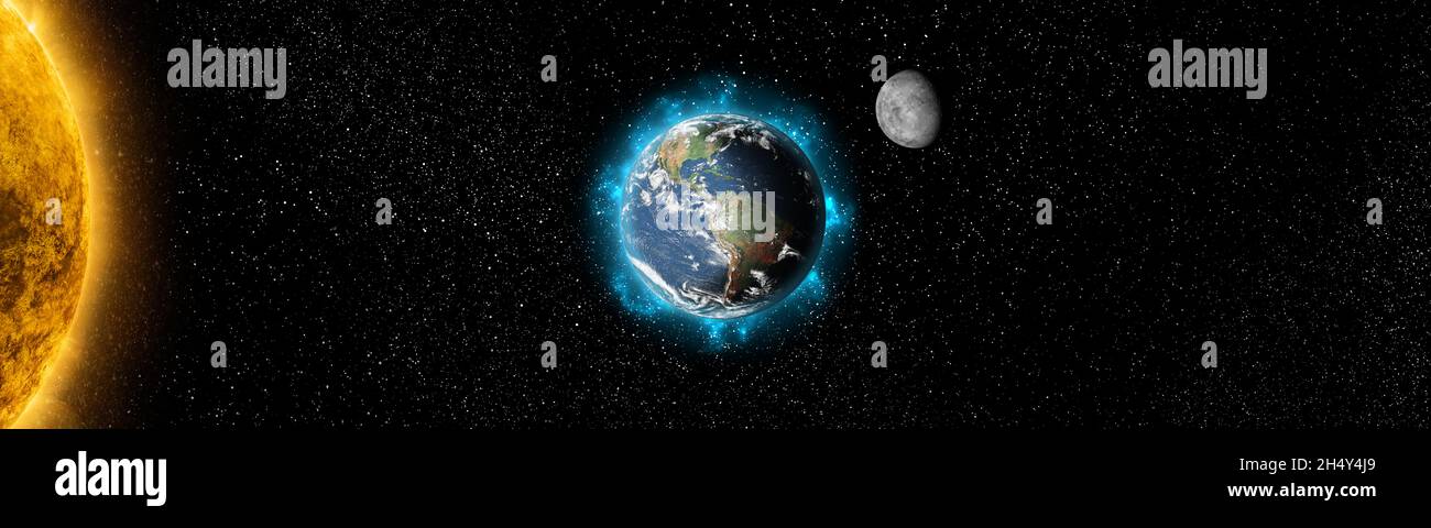 Sun star and planet earth and moon in space front view. Cosmic ...