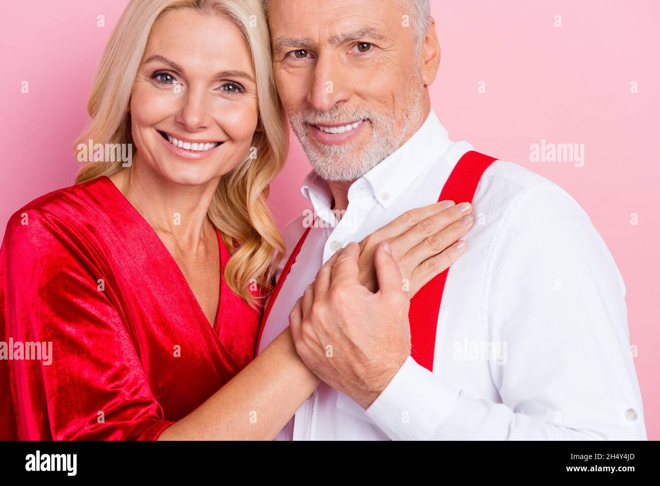 Cropped view portrait of two beautiful handsome gentle cheerful spouses ...