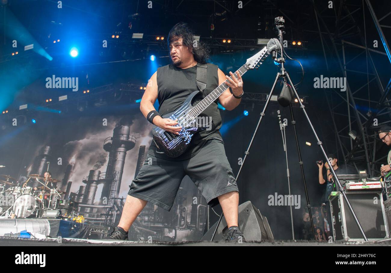 Tony Campos of Fear Factory performing live on stage at Bloodstock ...
