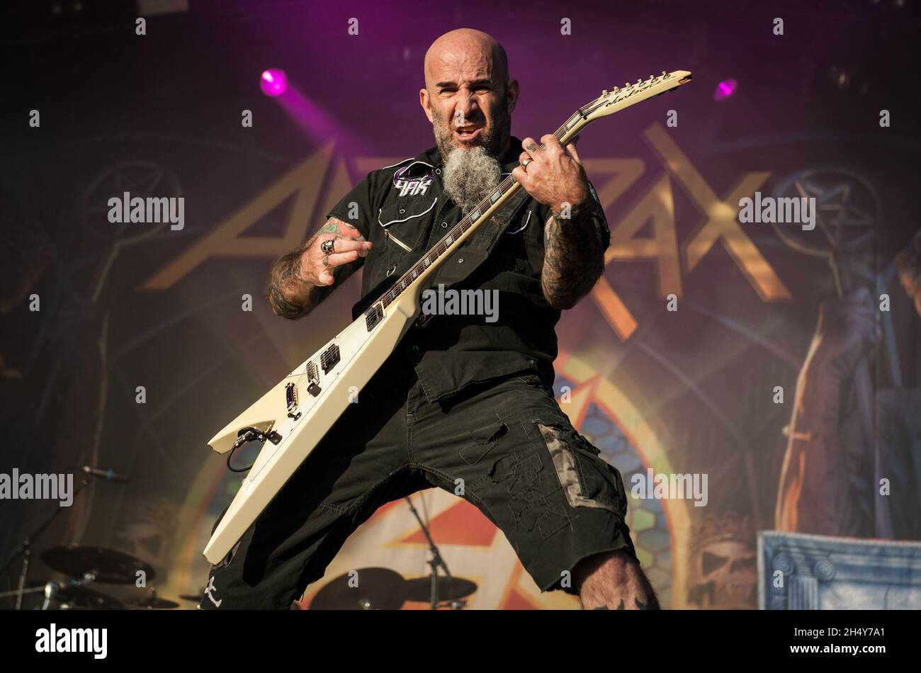 Scott Ian of Anthrax performing live on stage at Bloodstock festival on ...