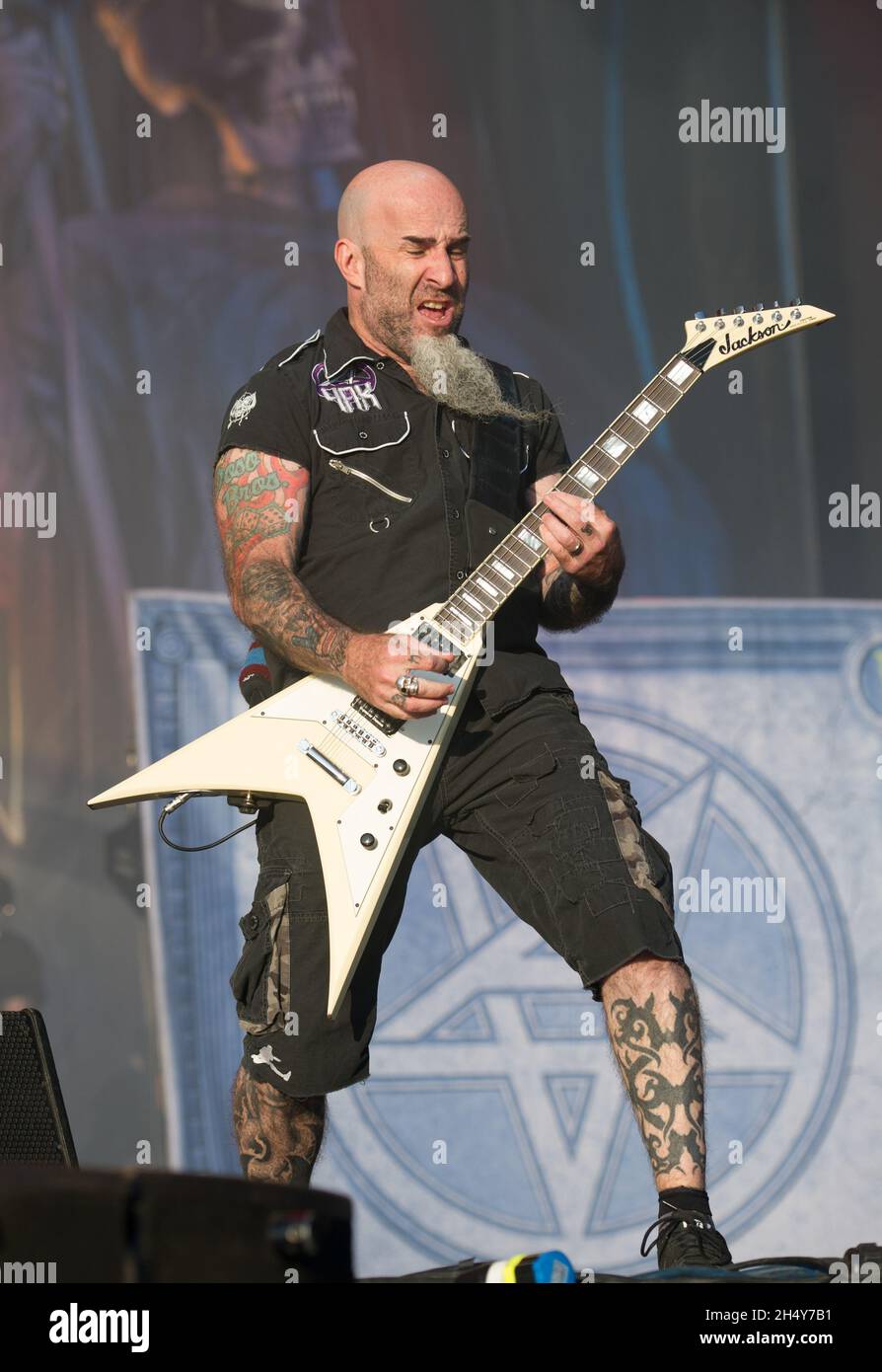 Scott Ian of Anthrax performing live on stage at Bloodstock festival on ...