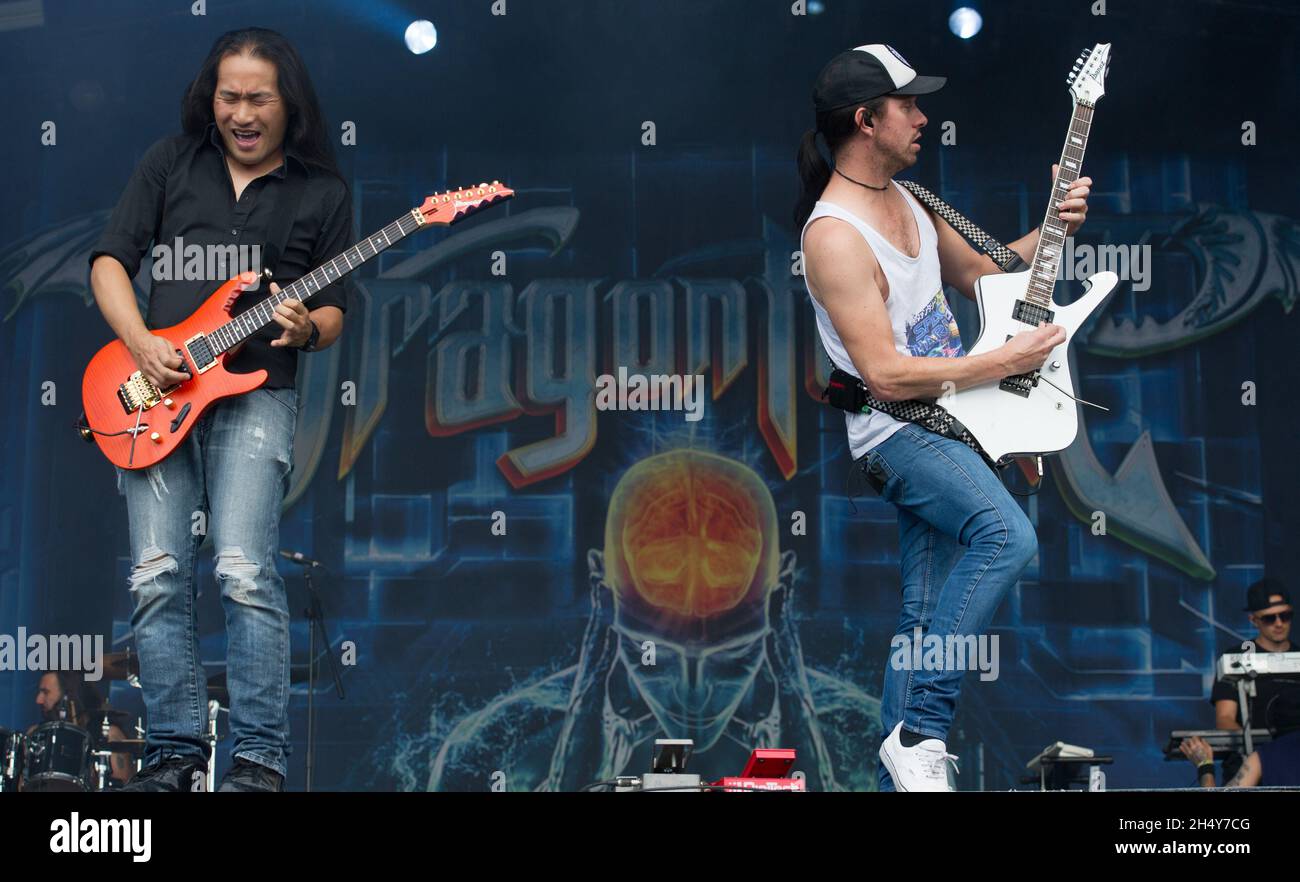 Herman Li and Sam Totman of Dragonforce performing live on stage at ...