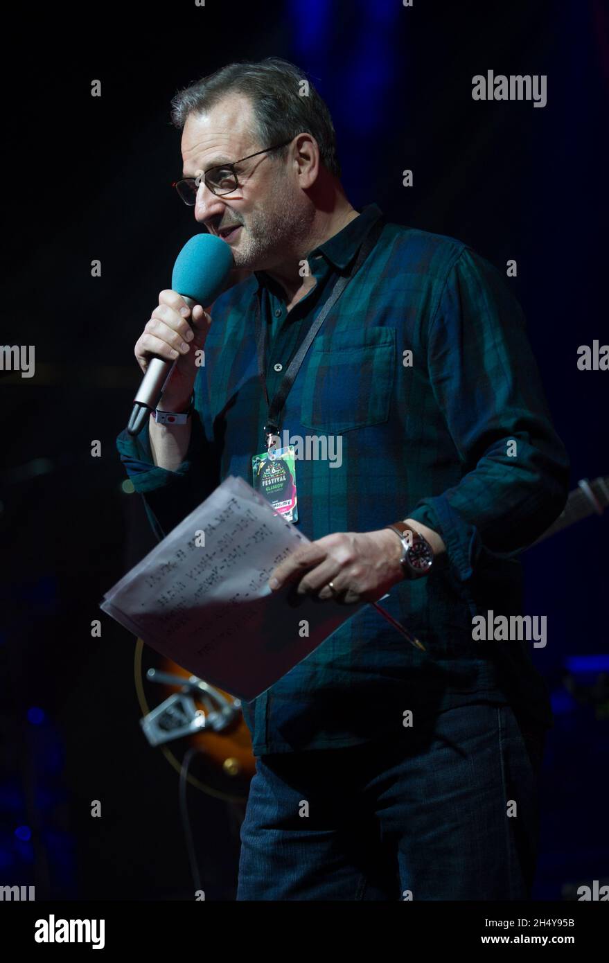 Mark Radcliffe introducing bands on stage during 6Music Festival at ...