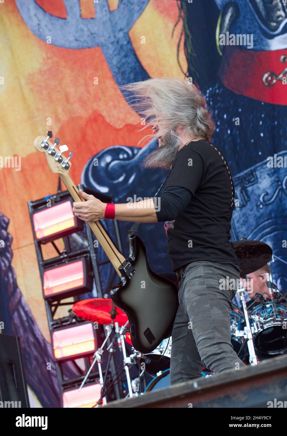 Troy Sanders of Mastodon performing live on stage on day 1 of Download ...
