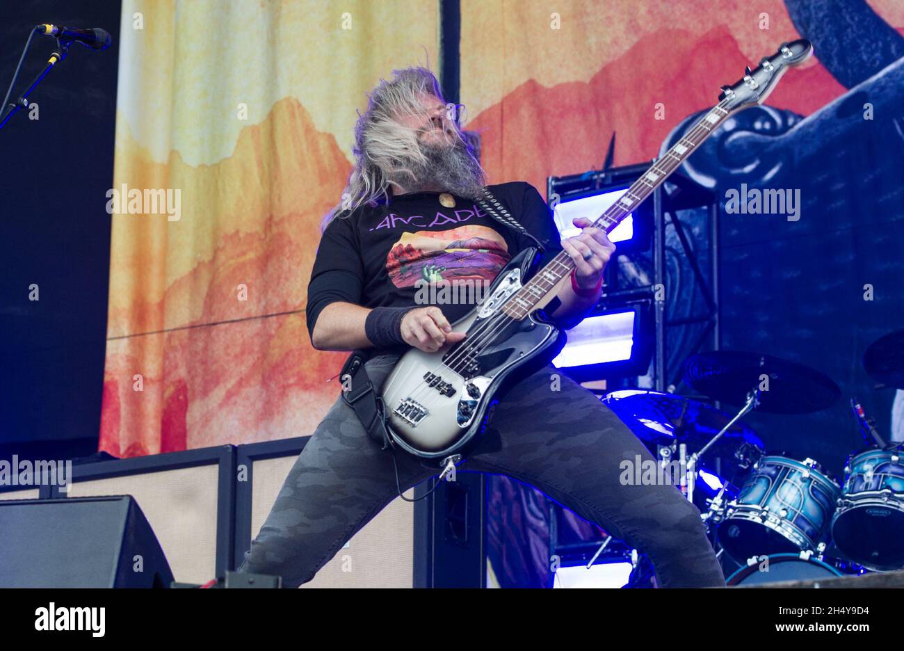Troy Sanders of Mastodon performing live on stage on day 1 of Download ...