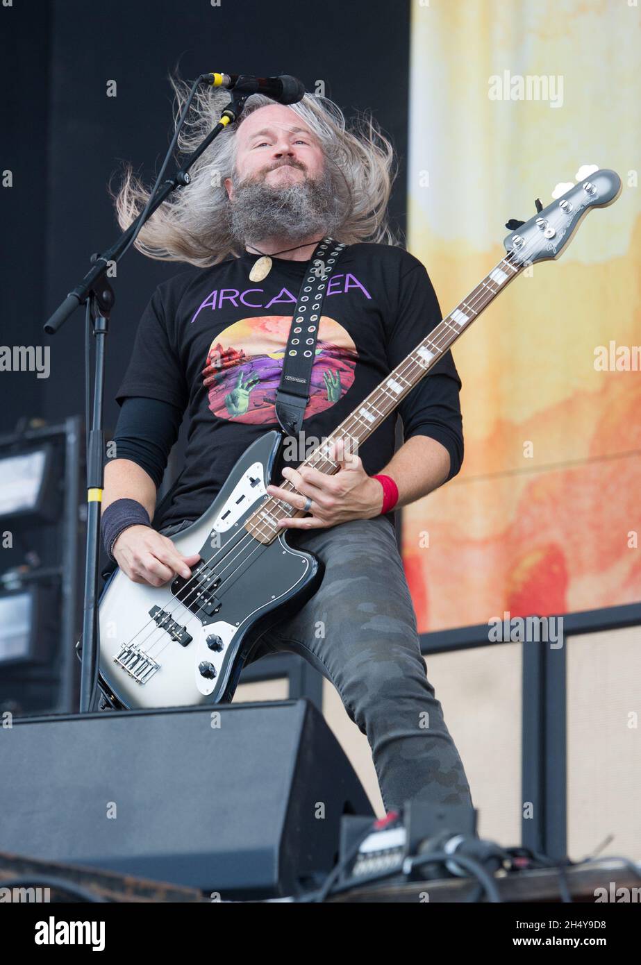 Troy Sanders of Mastodon performing live on stage on day 1 of Download ...