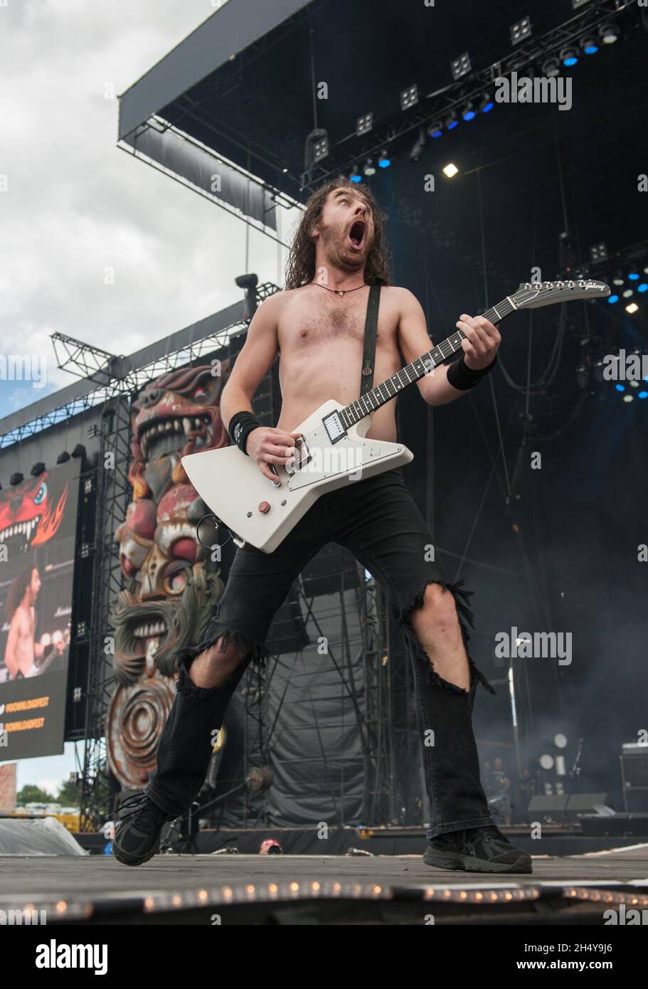 Joel O'Keeffe lead singer of Airbourne performing live on stage on day ...
