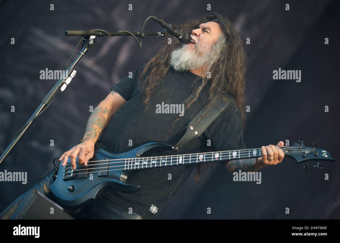 Tom Araya of Slayer performing live on stage on day 3 of Download ...