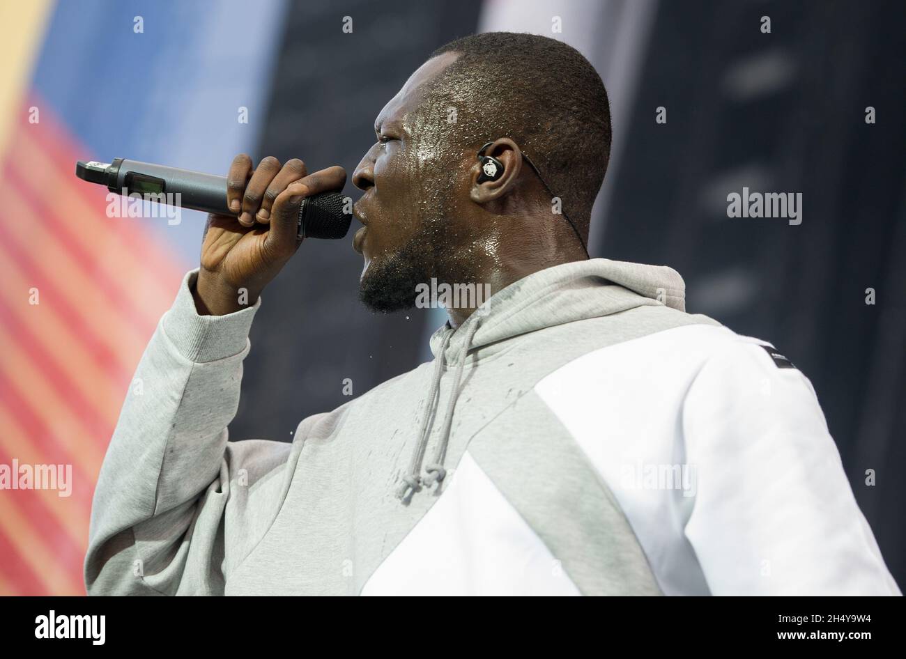 Stormzy performing live on stage on day 1 of V Festival at Weston Park ...