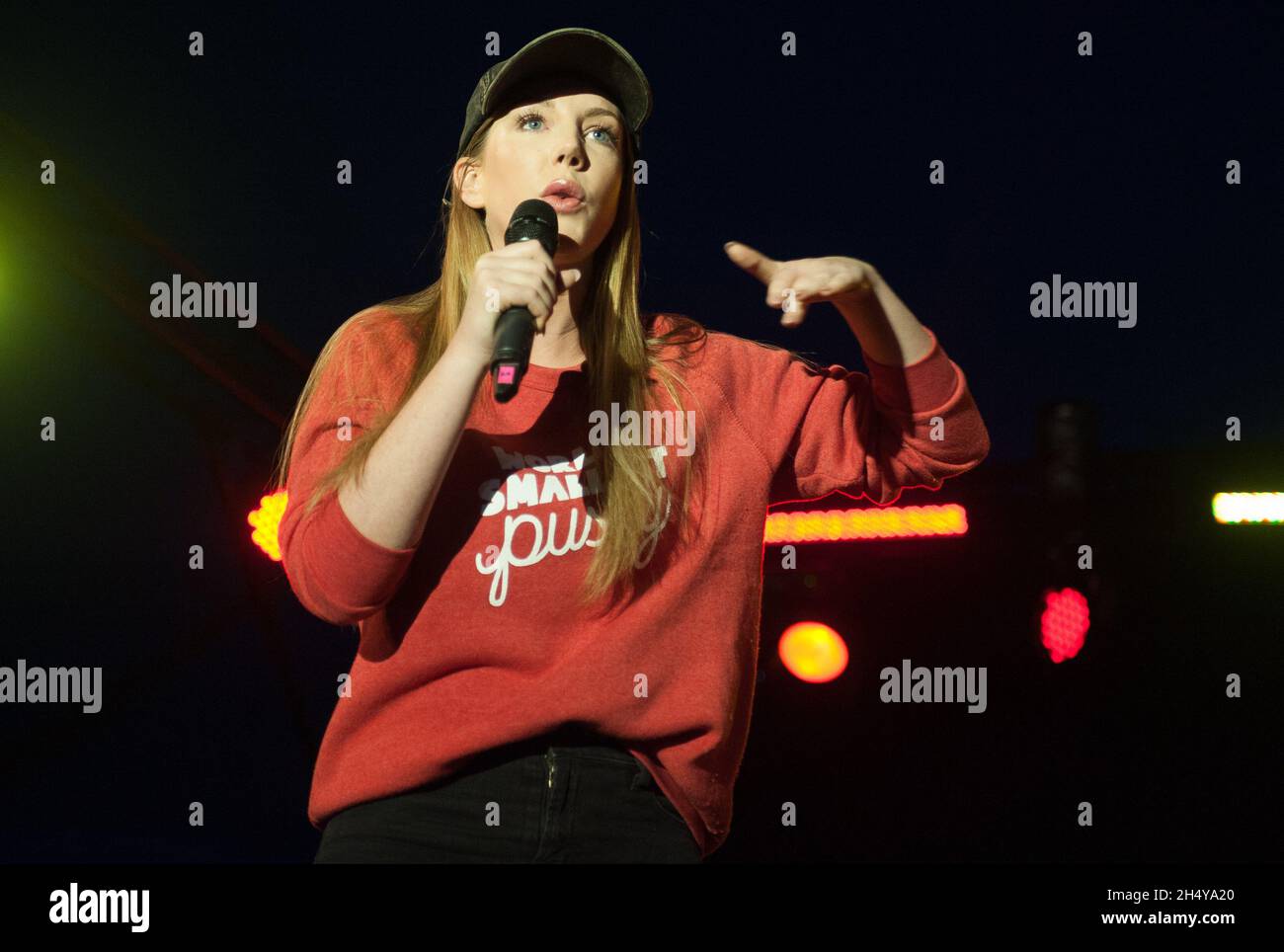 Comedian Katherine Ryan performing live on stage during Leeds Festival ...