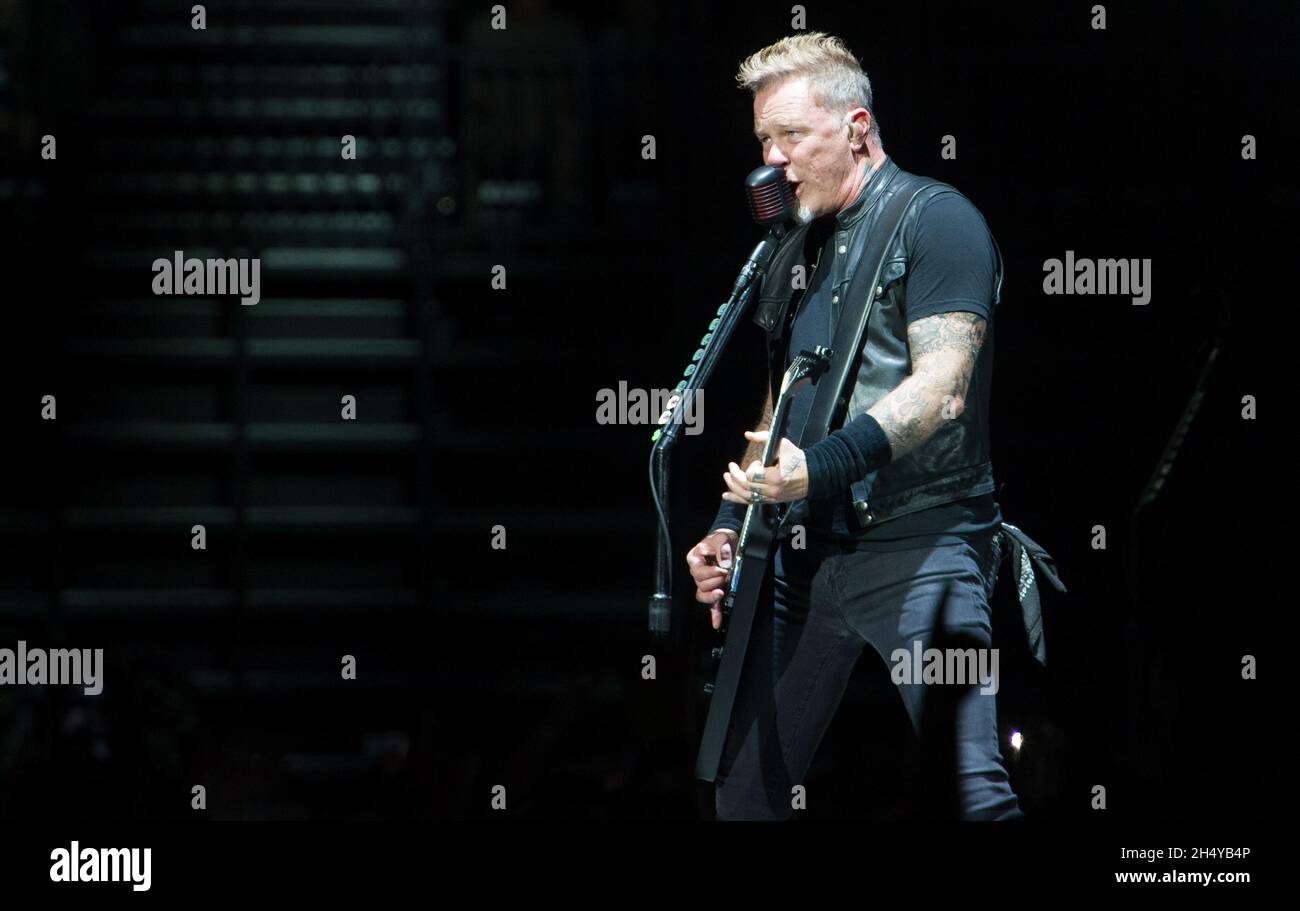 James Hetfield of Metallica performing live on stage at Genting Arena ...
