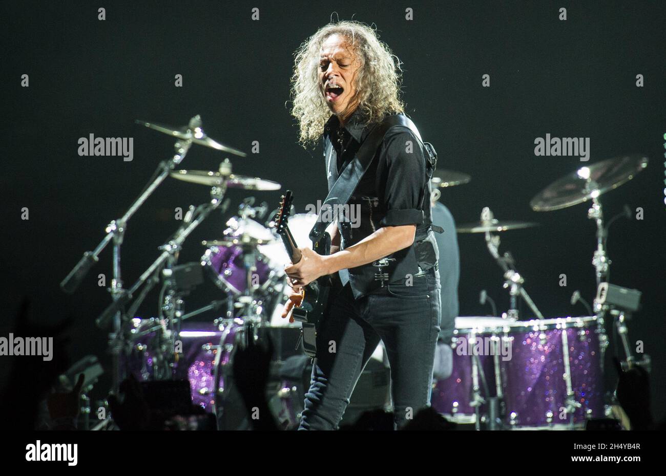 Kirk Hammett of Metallica performing live on stage at Genting Arena in ...