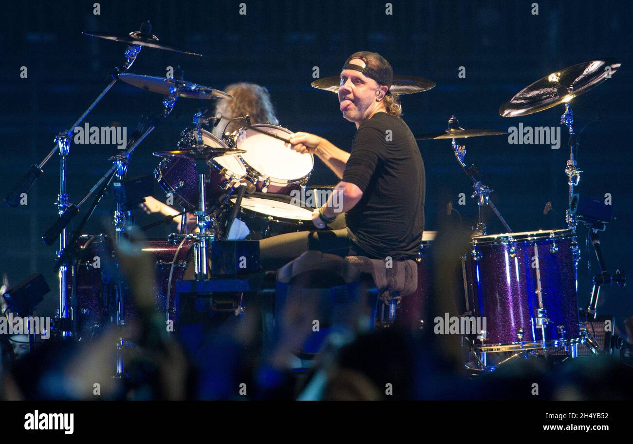 Lars Ulrich of Metallica performing live on stage at Genting Arena in ...
