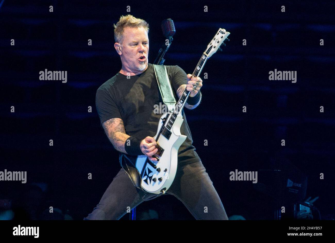 James Hetfield of Metallica performing live on stage at Genting Arena ...