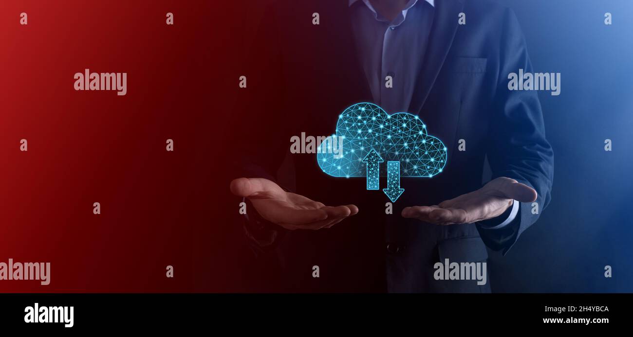 Cloud technology. Polygonal wireframe cloud storage sign with two ...