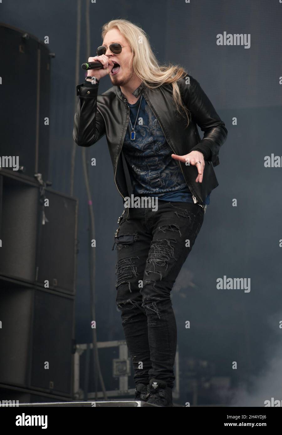 Marc Hudson of Dragonforce performs live on stage on day 1 of Download ...