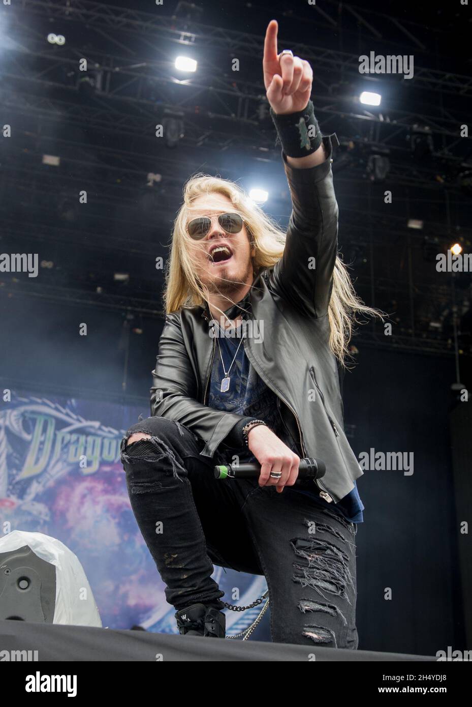 Marc Hudson of Dragonforce performs live on stage on day 1 of Download ...