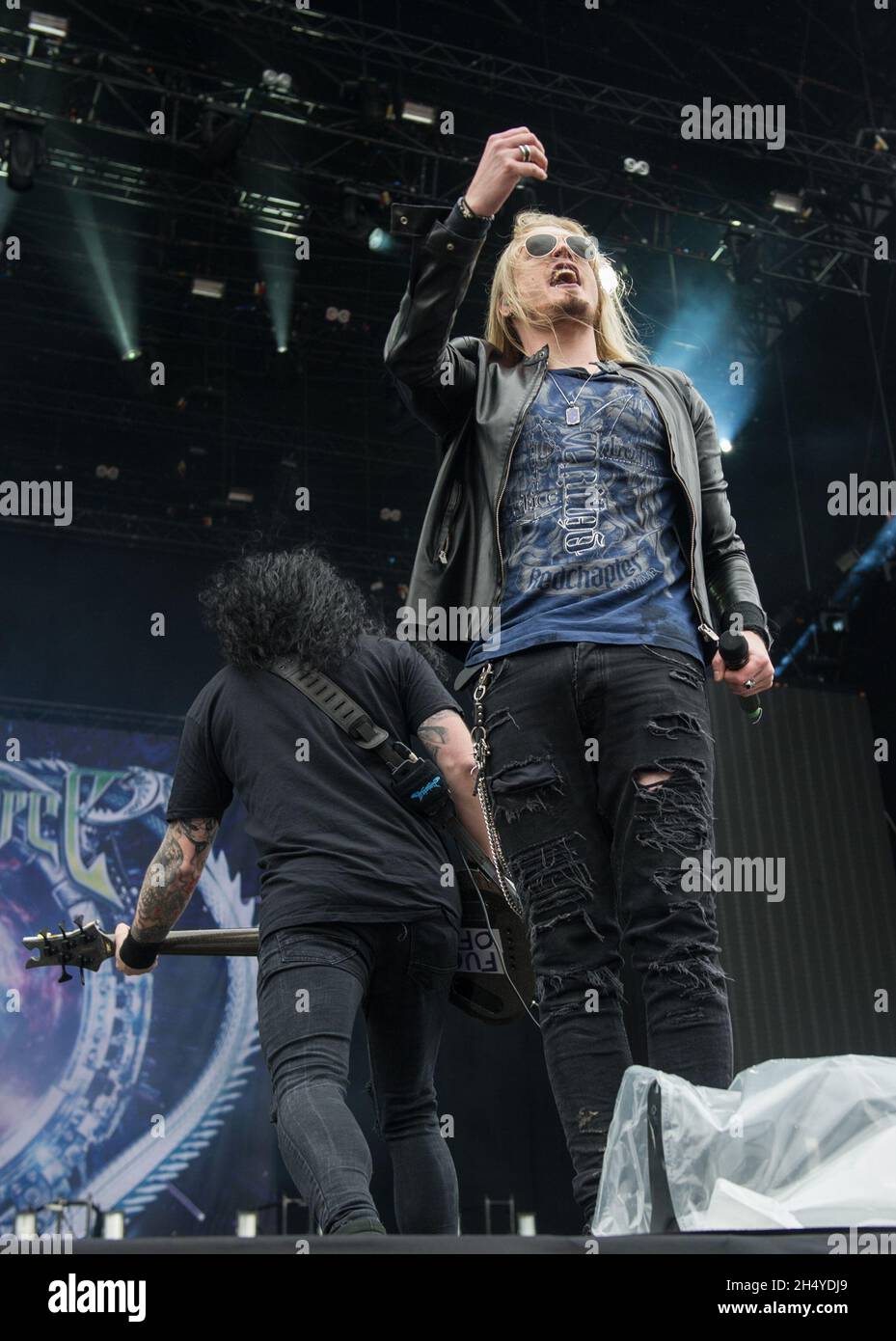 Marc Hudson of Dragonforce performs live on stage on day 1 of Download ...