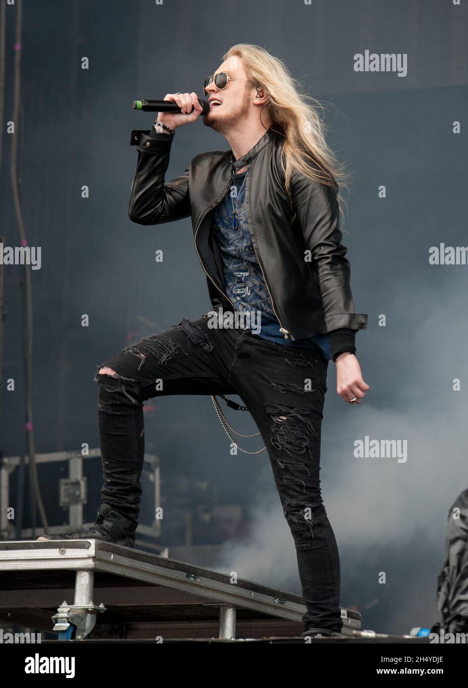 Marc Hudson of Dragonforce performs live on stage on day 1 of Download ...