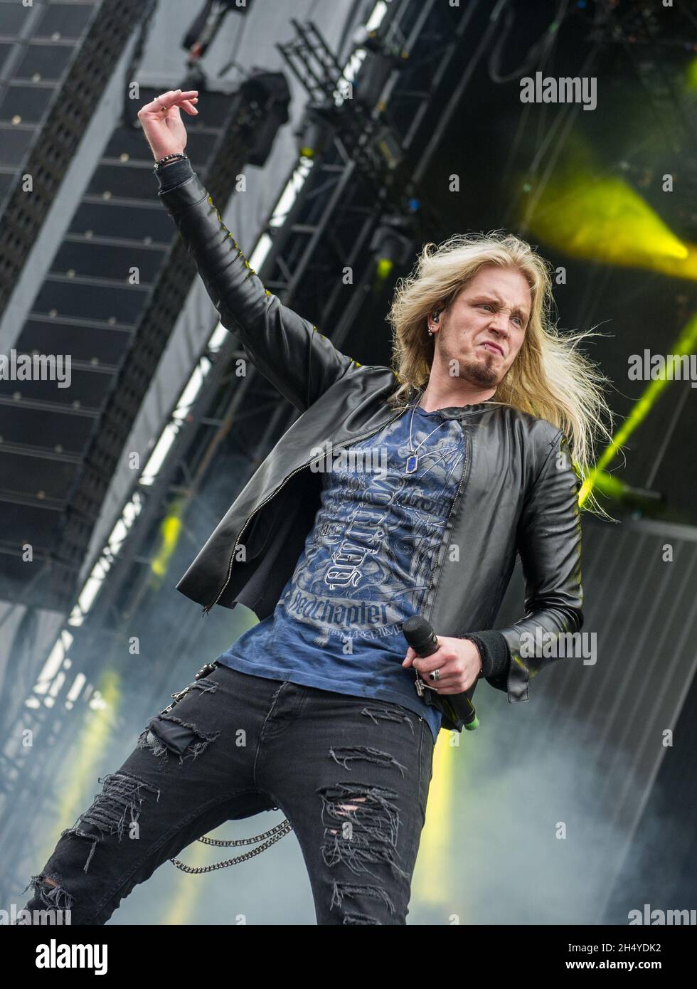 Marc Hudson of Dragonforce performs live on stage on day 1 of Download ...