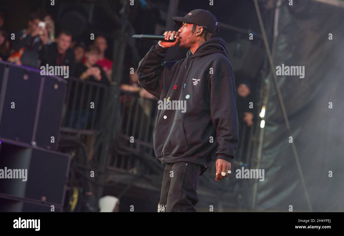 Travis Scott performs on stage on day 2 of Leeds Festival in Bramham ...