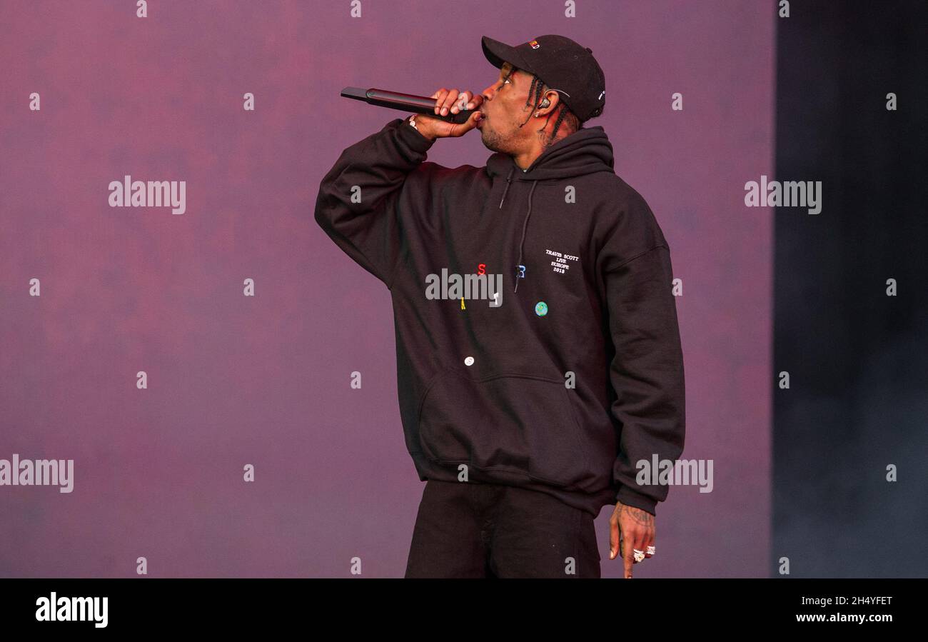 Travis Scott performs on stage on day 2 of Leeds Festival in Bramham ...