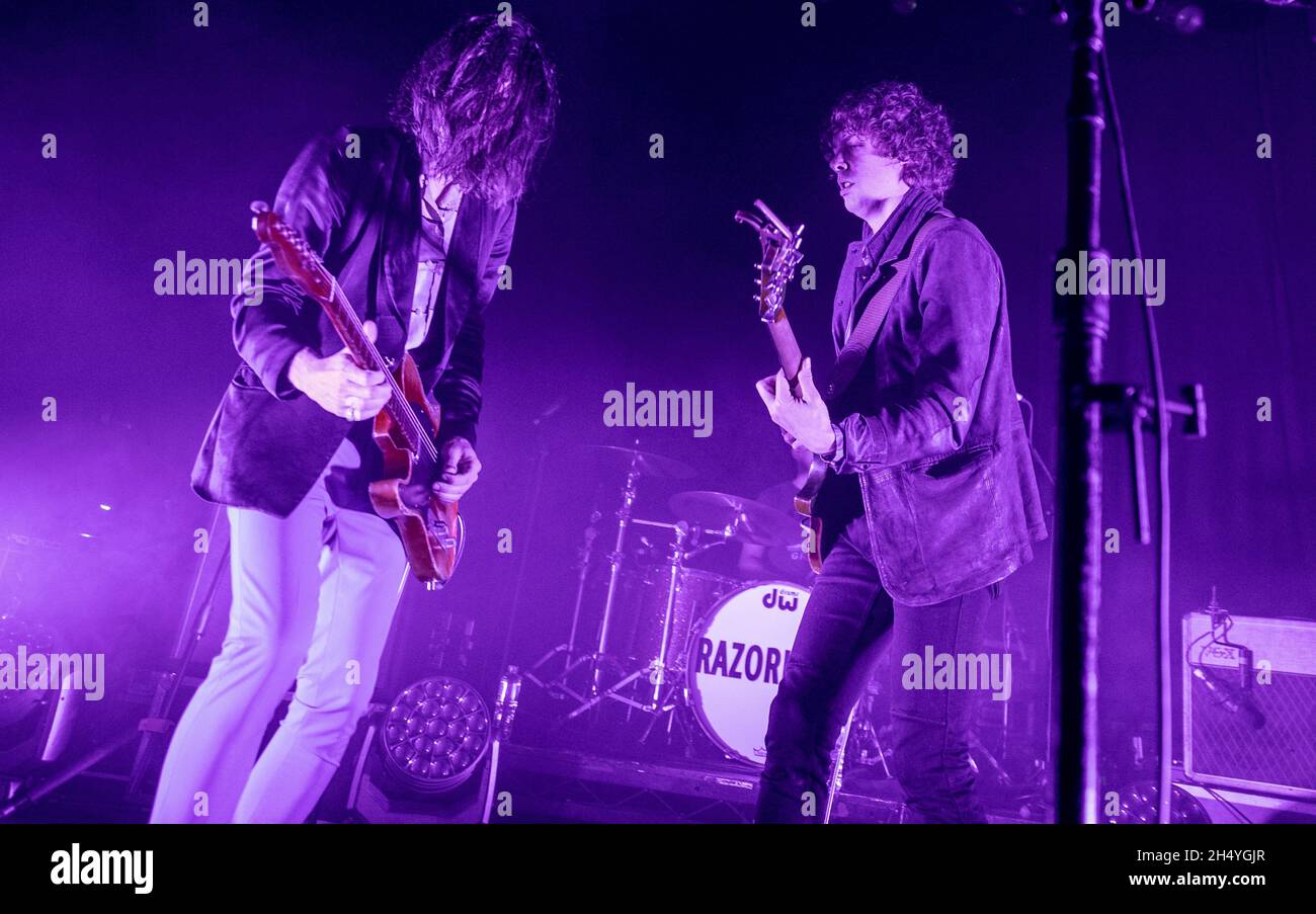 Johnny Borrell and David Ellis of Razorlight perform on stage at O2 ...