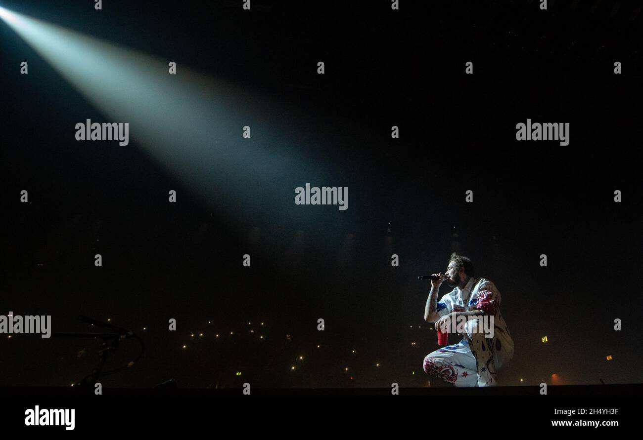Post Malone performs on stage at The Resorts World Arena on 16 February ...