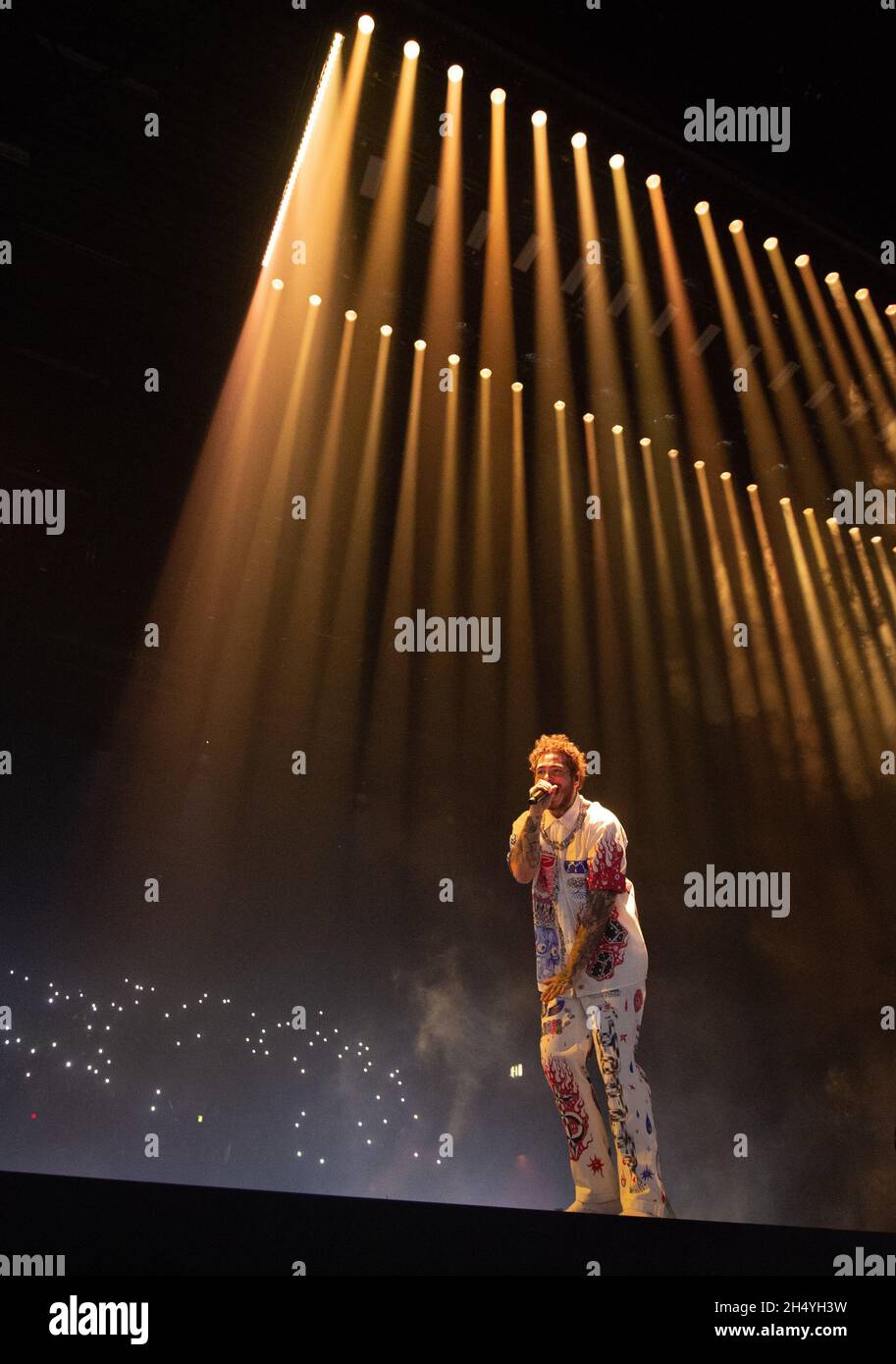 Post Malone performs on stage at The Resorts World Arena on 16 February ...