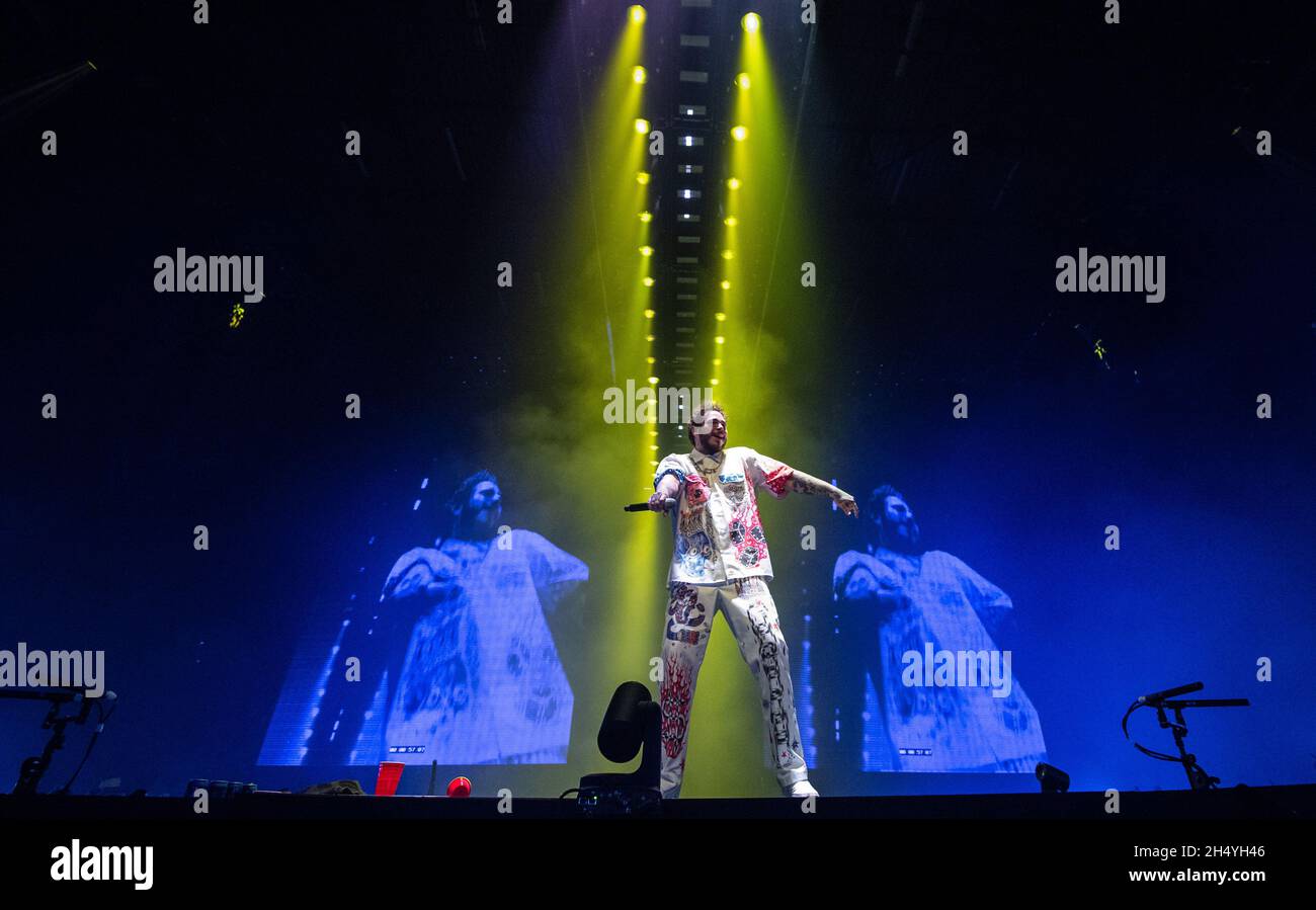 Post Malone performs on stage at The Resorts World Arena on 16 February ...