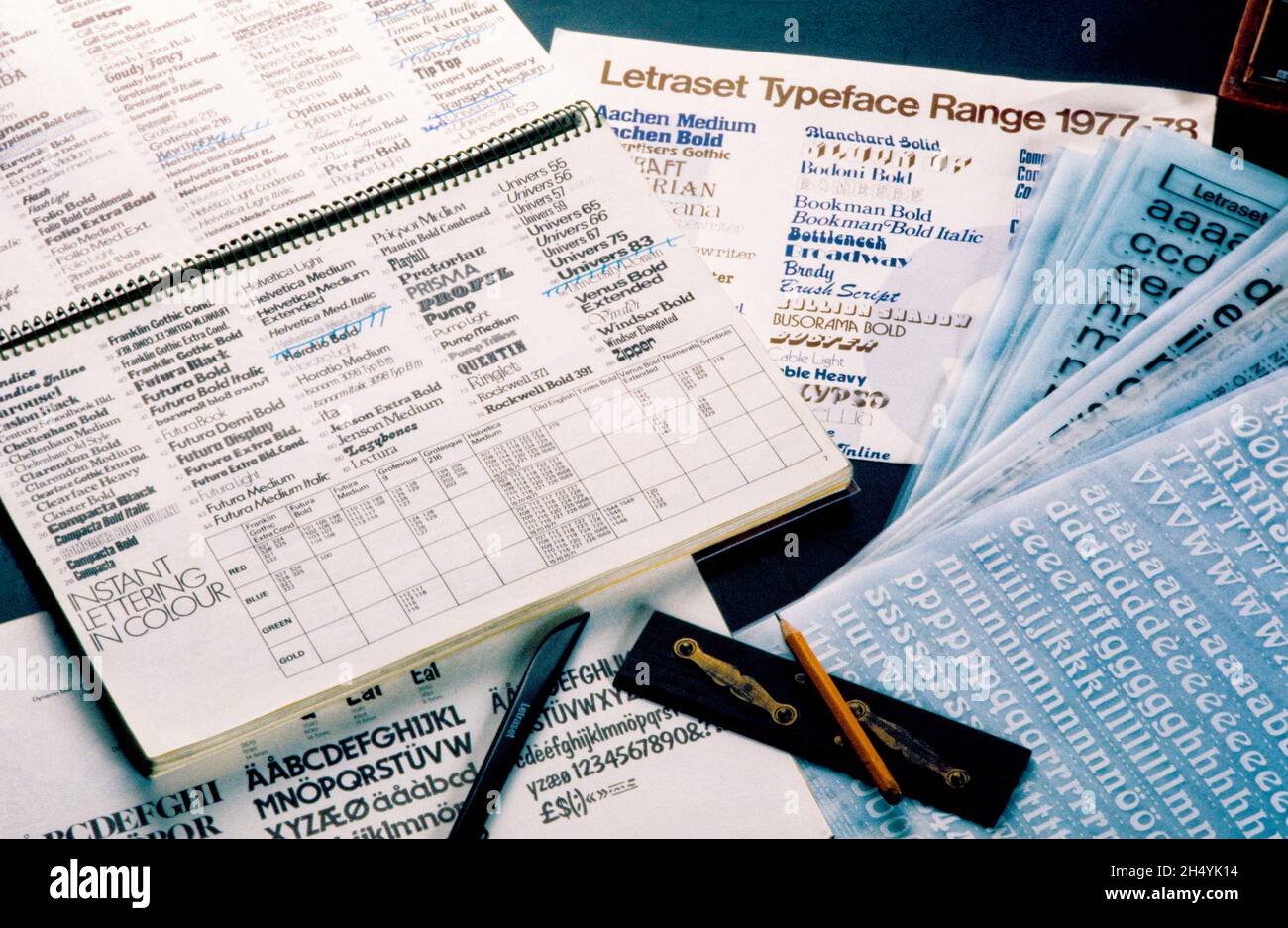 Graphic designer using Letraset, dry transfer lettering system in the ...