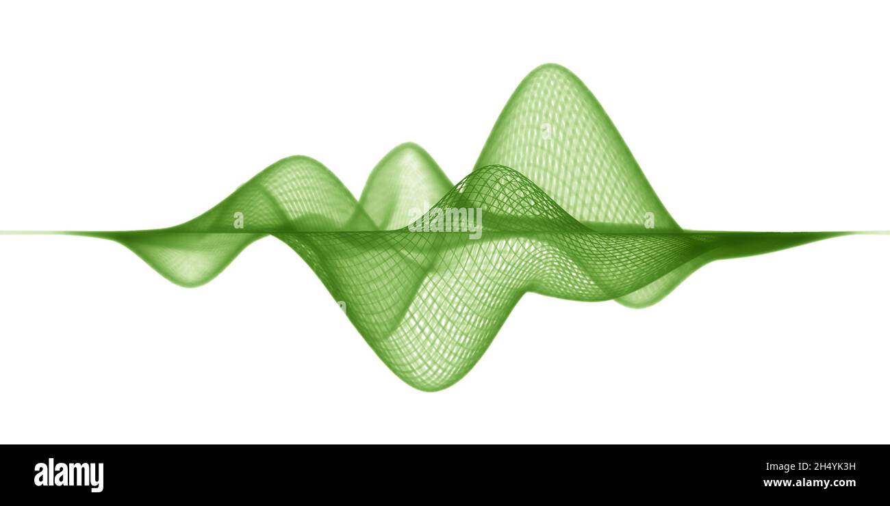 Green Wireframe Wave Structure Or Abstract Visualization Of Audio Sound Waves Isolated Against