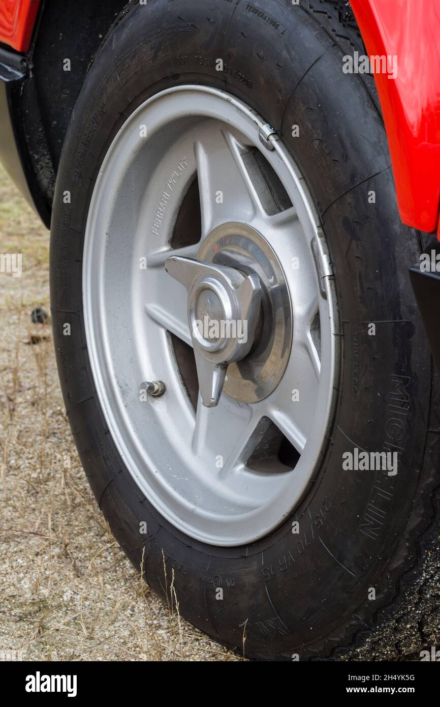 Close up detail of the 5 spoke magnesium allow wheel on a red 1970s ...