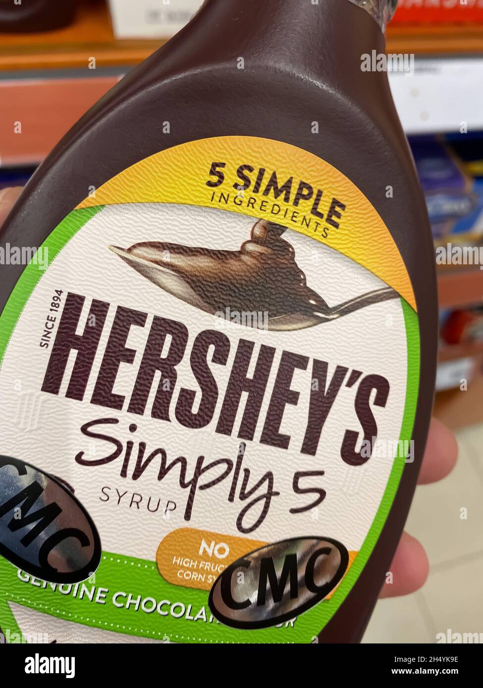 Viersen, Germany - June 9. 2021: Closeup of bottle Hersheys chocolate ...