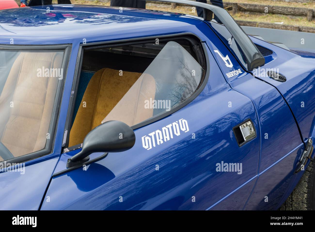 Close up detail of the door and side window on a blue Lancia Stratos HF ...