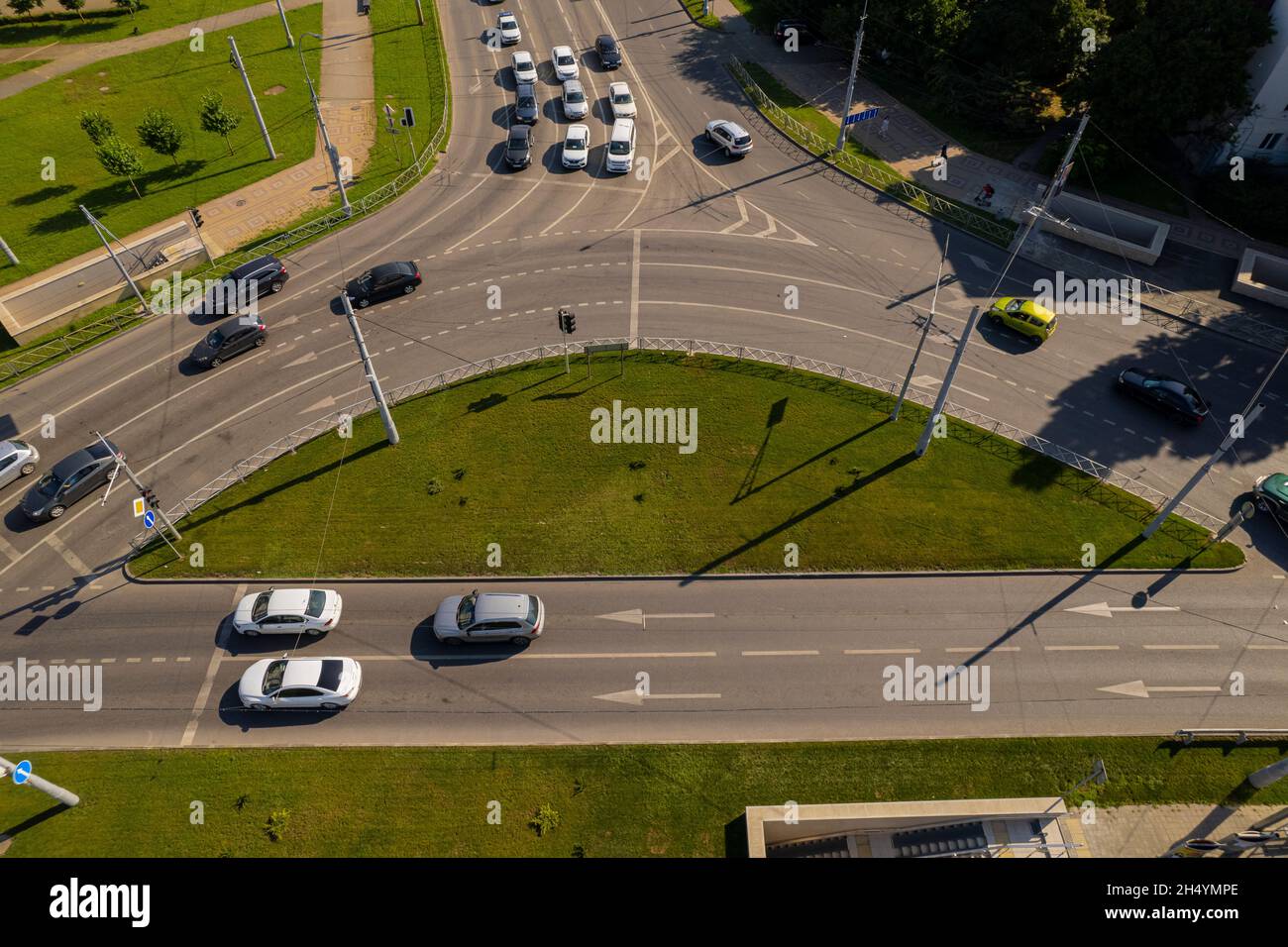 Aerial view of the vehicular intersection, traffic at peak hour with ...
