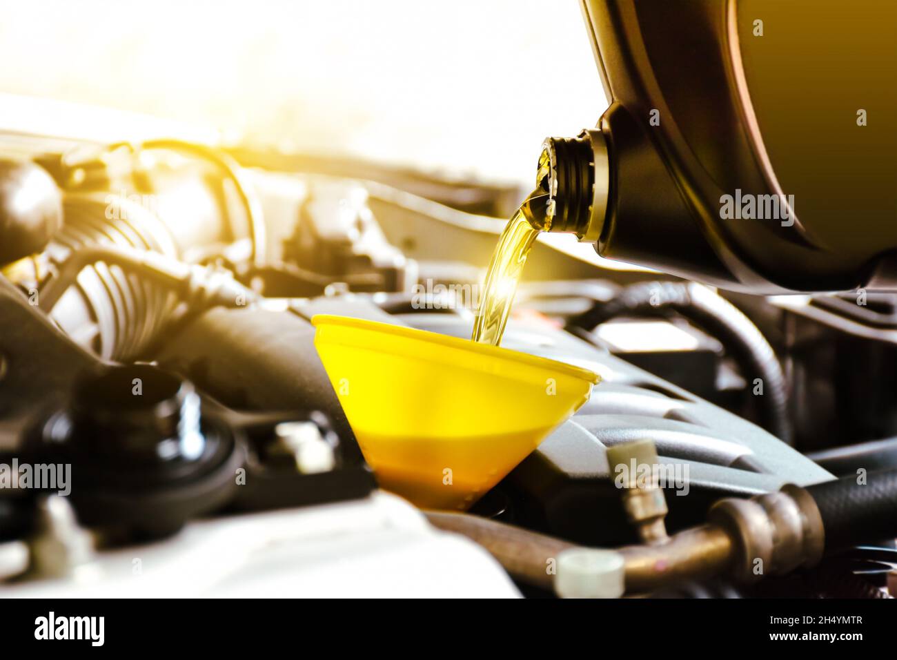 Mechanic pouring motor oil to engine in the repair garage shop Stock ...