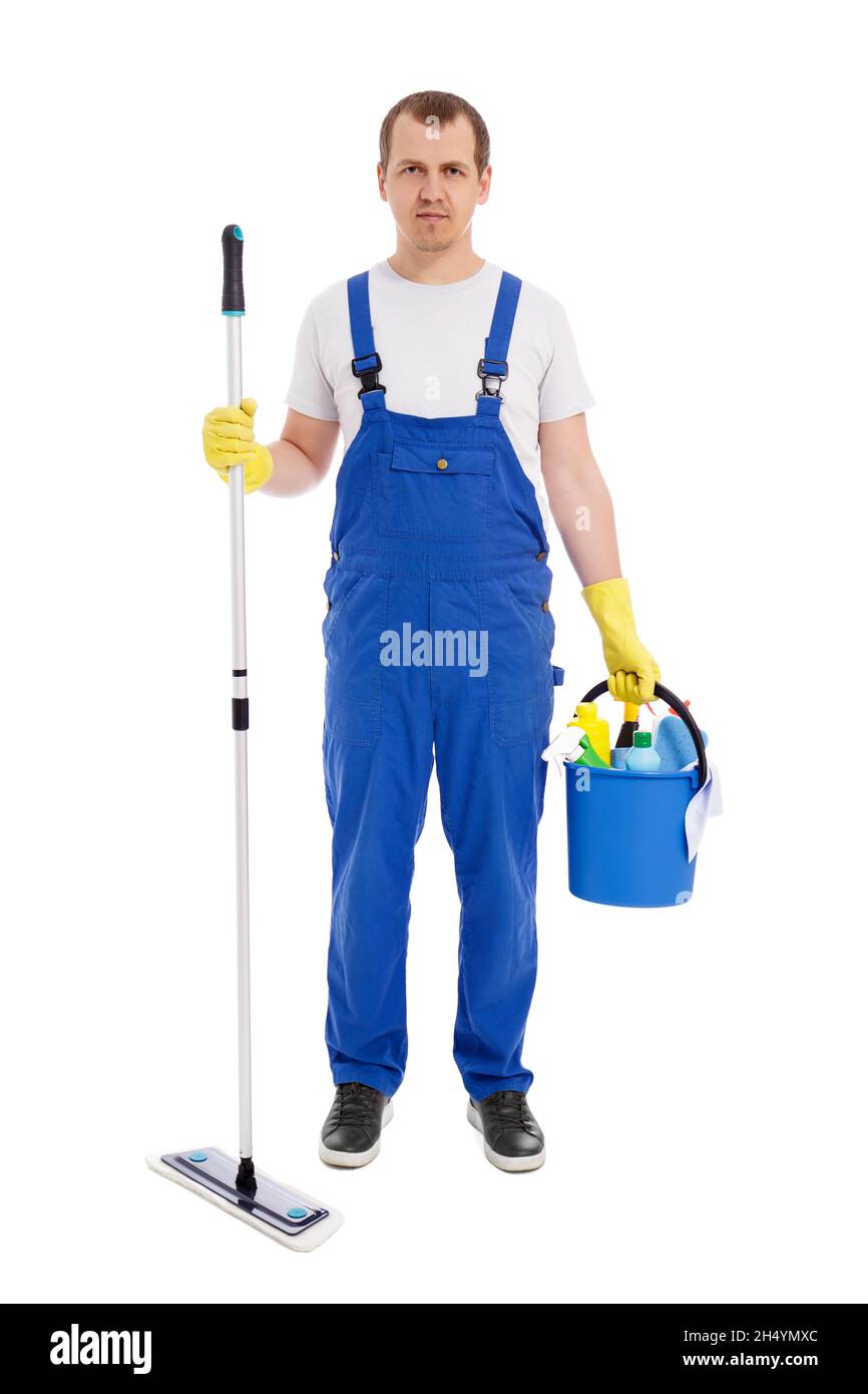 full length portrait of handsome man cleaner in blue uniform posing ...