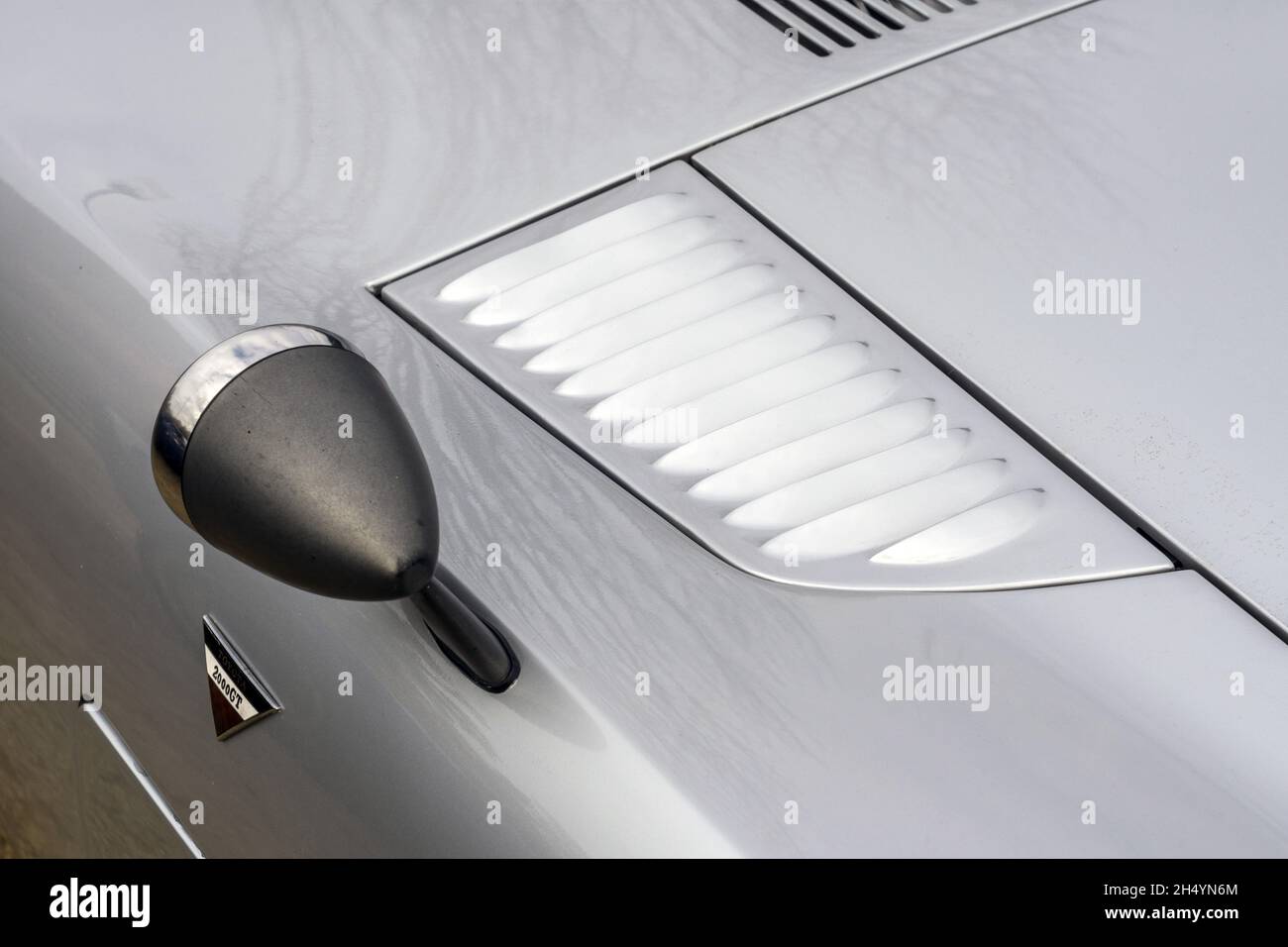 Close up detail of the wing mirror and vents on a silver Toyota 2000 GT ...