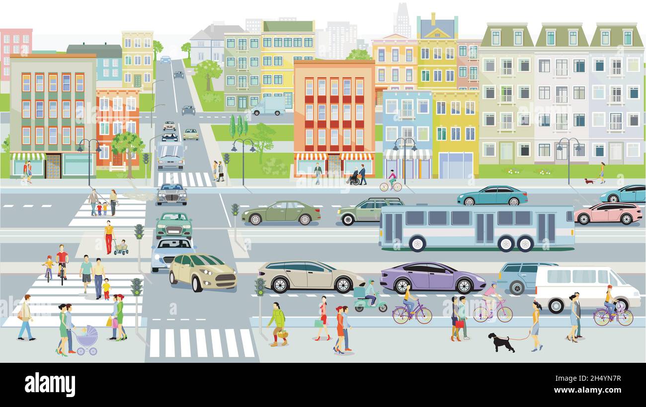City with pedestrians and road traffic, illustration Stock Vector Image ...