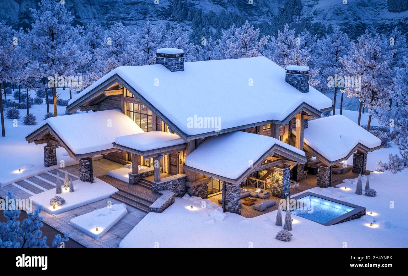 3d rendering of modern cozy chalet with pool and parking for sale or ...