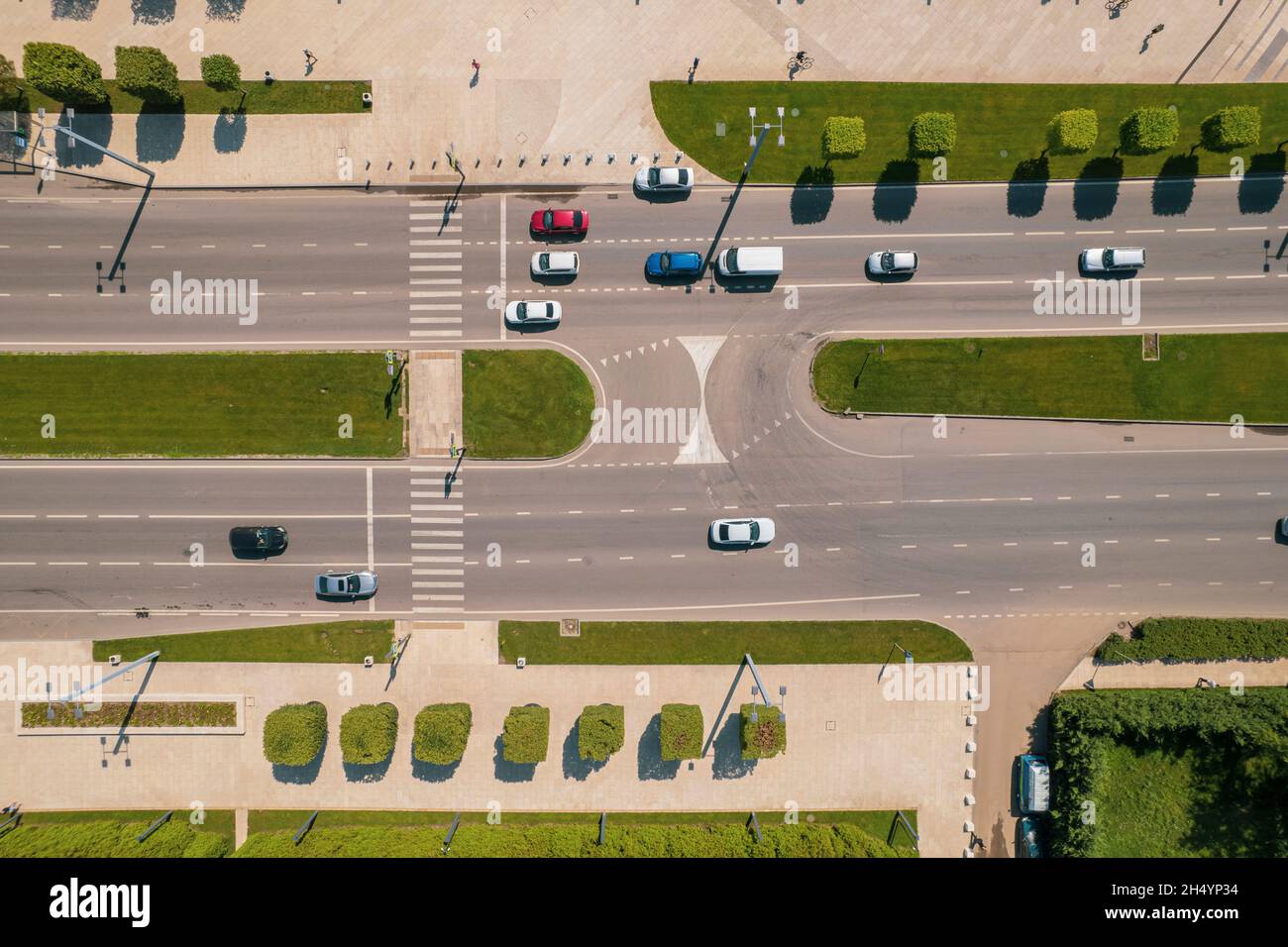Aerial view of the vehicular intersection, traffic at peak hour with ...