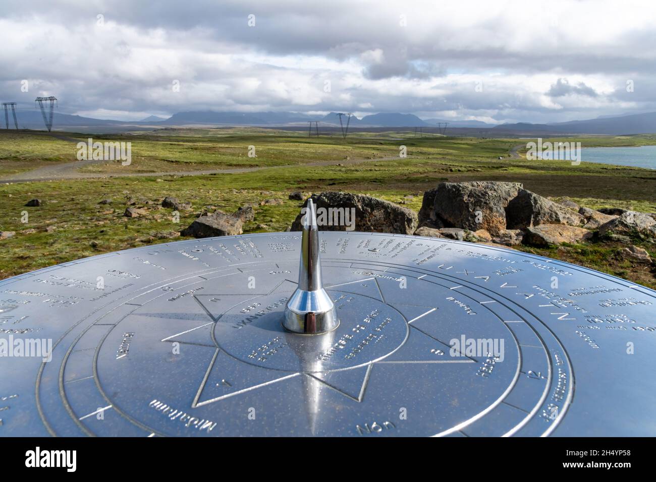 Pingvellir National Park, Iceland-September 2021: close up of a shiny aluminum directional and ...