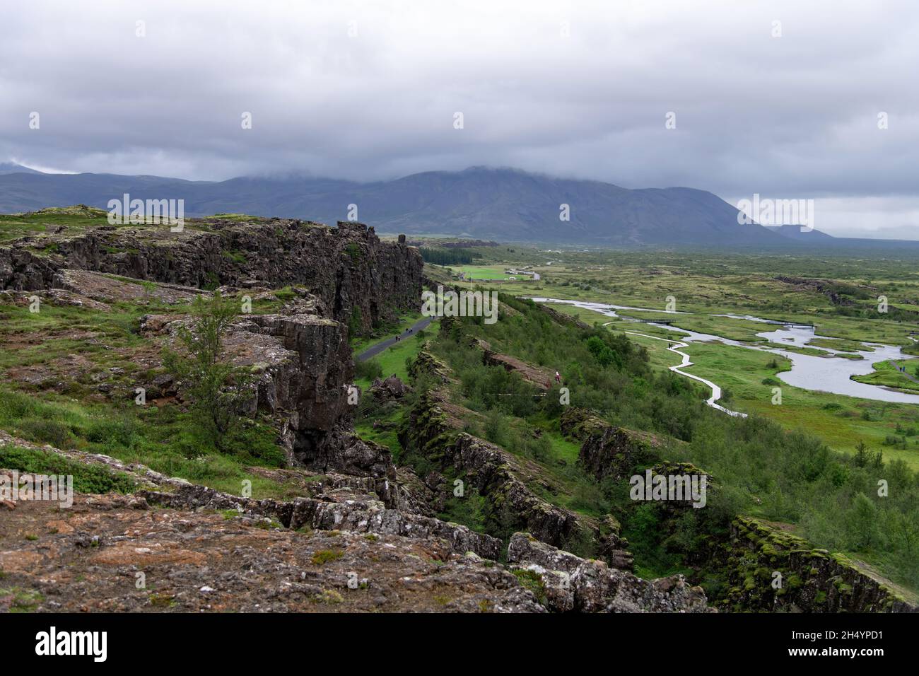 Panoramic view over the seismic rift valley with volcanic rock ...