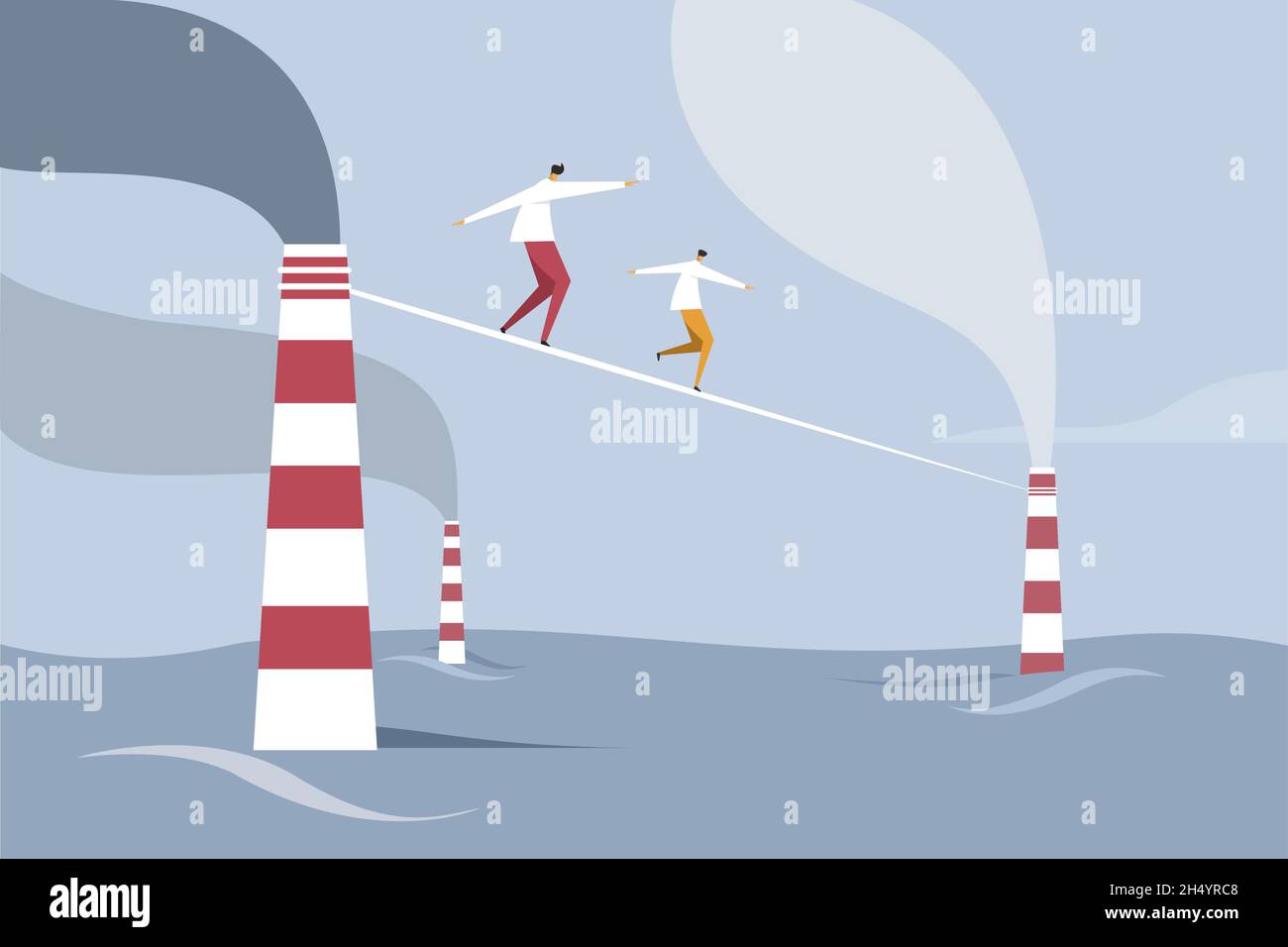 People escaping through a tight rope tied between two industrial ...