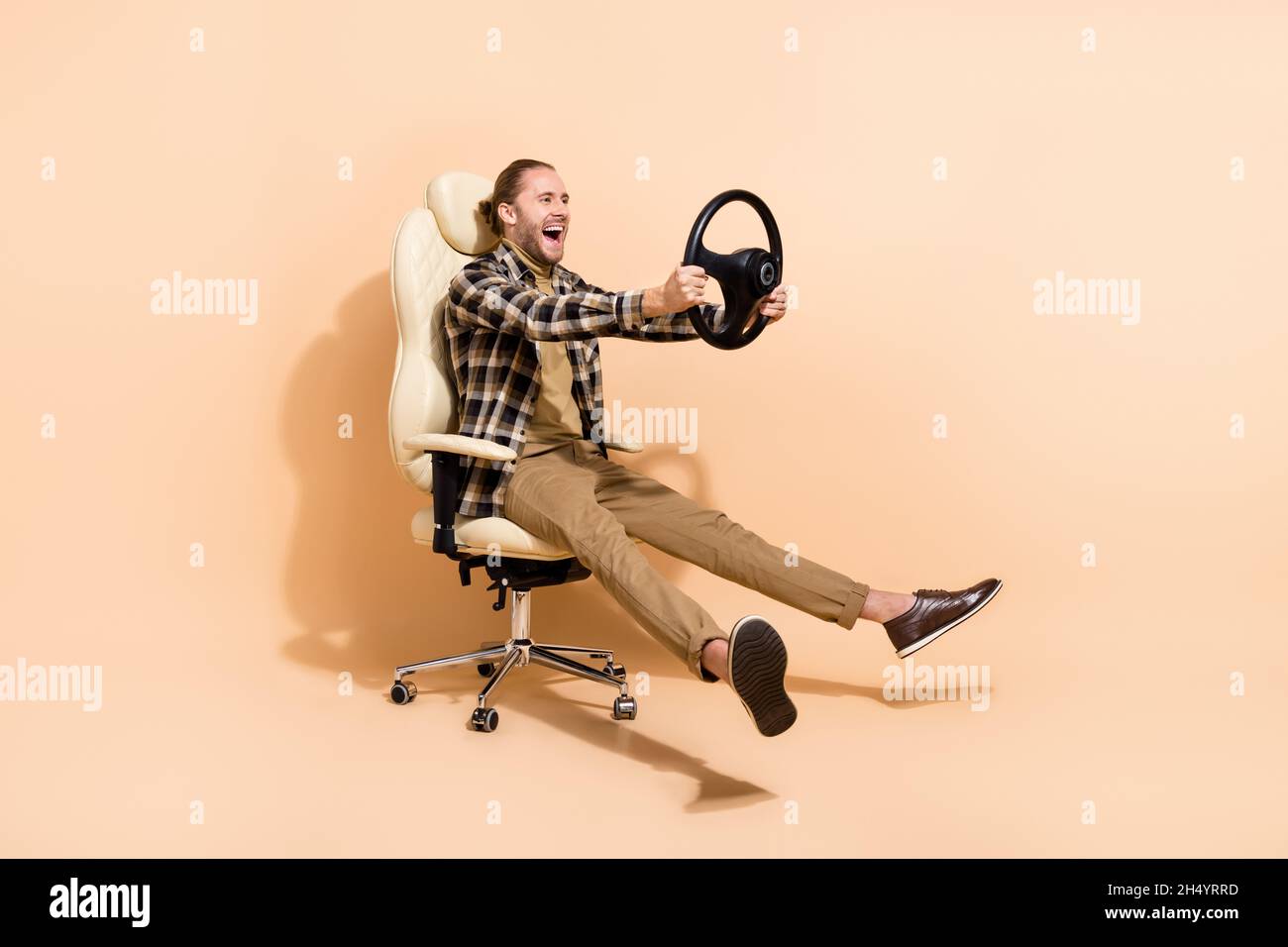 Full body profile side photo of young handsome man have fun driver ...