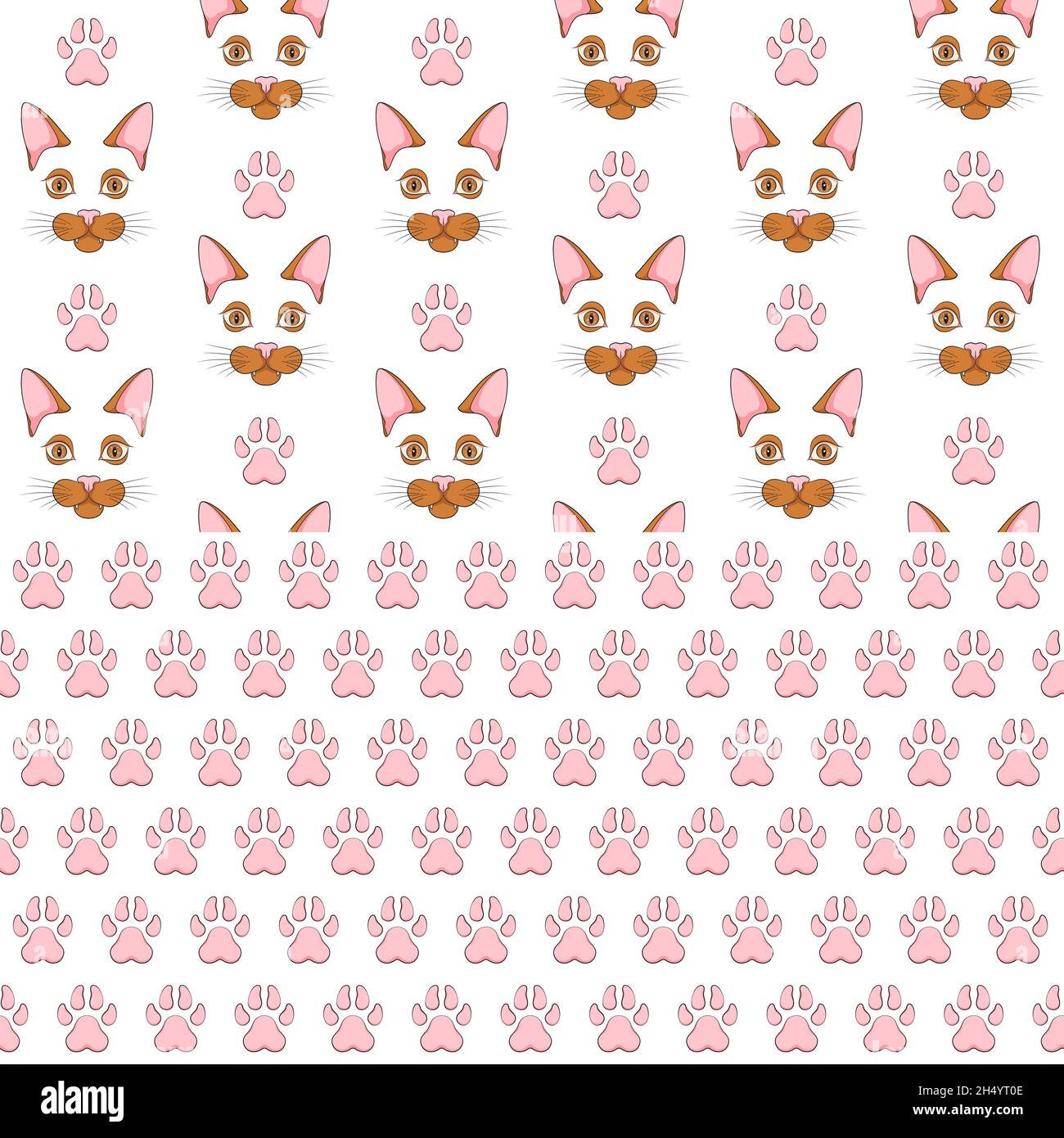 Set of seamless patterns with ginger cat face and paw prints. Colored ...