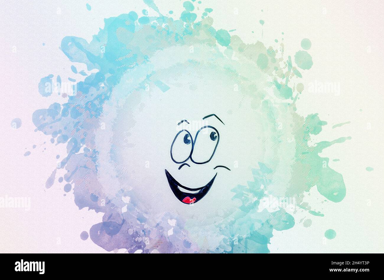 Painted laughing cartoon face. Funny face on a white background amid ...